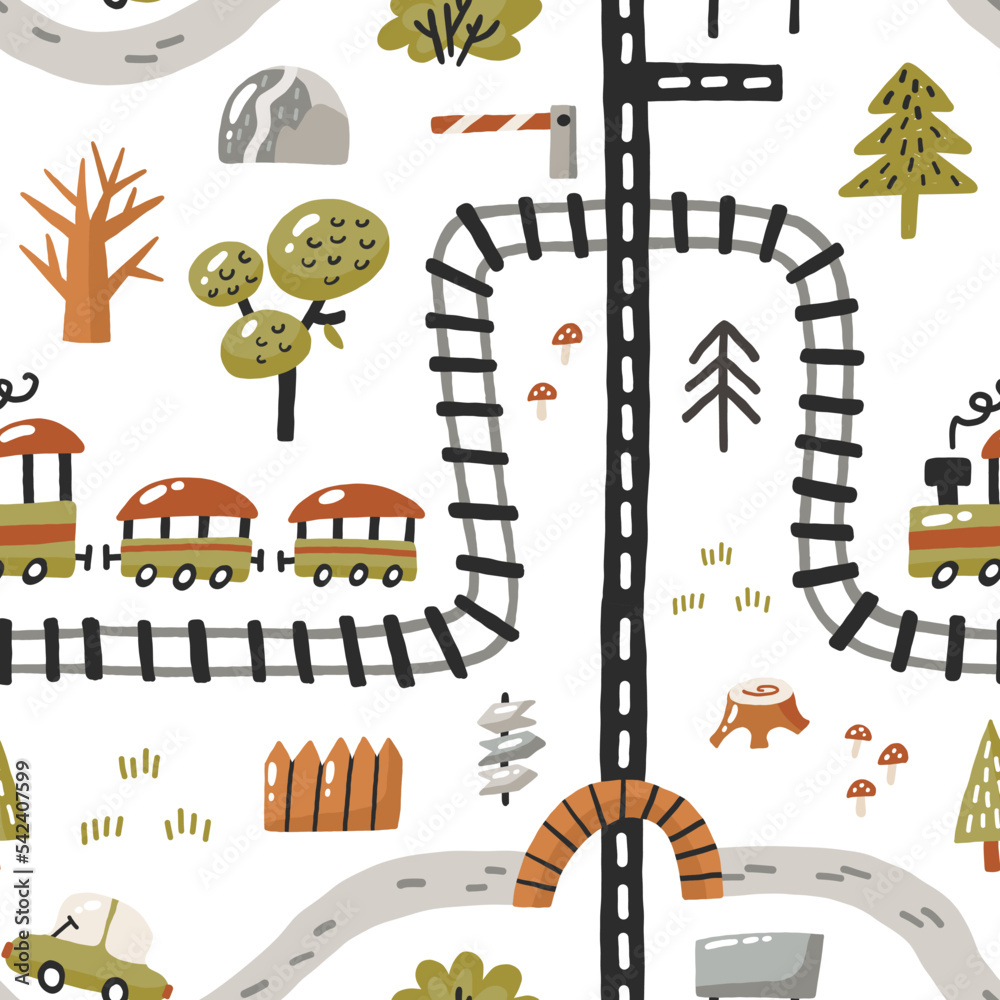 Cartoon cars, train and city road map. Cute childish background. Urban ...