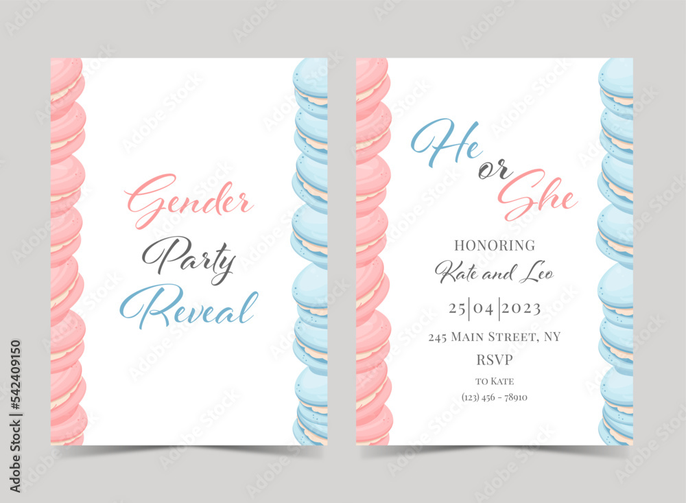 Invitation for gender reveal party with macarons blue and pink. Vector ...