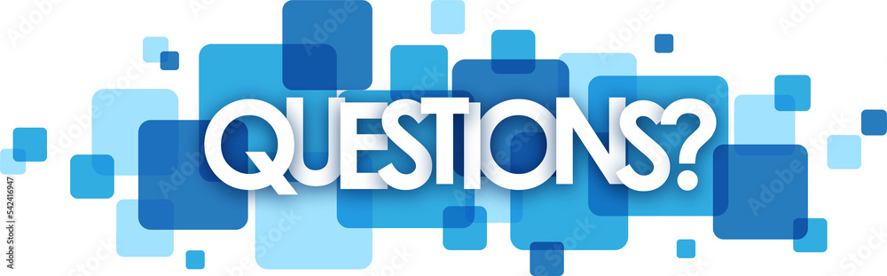 QUESTIONS? typography banner with blue squares on transparent ...