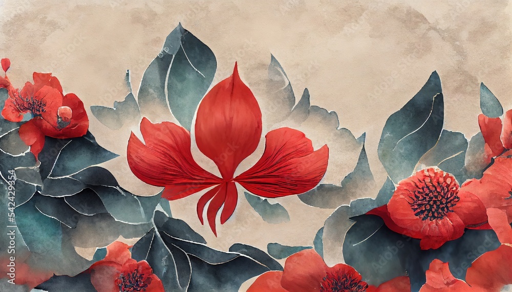 Hand drawn red flower background with Japanese pattern and floral ...