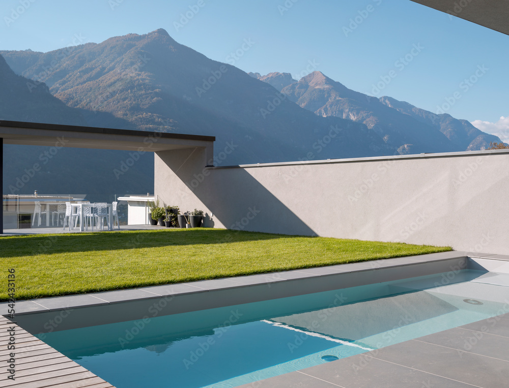 Swimming pool with a view of the Swiss Alps. There is a garden and a ...