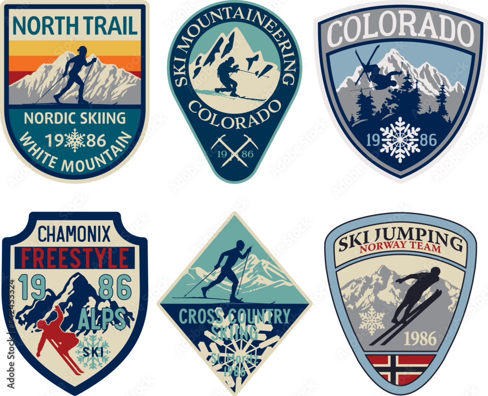 Skiing vintage badge label patch vector collection of skier silhouette ...