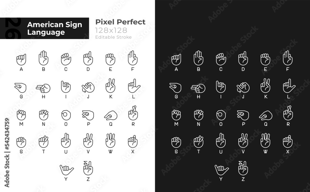 Letters signs in ASL pixel perfect linear icons set for dark, light ...