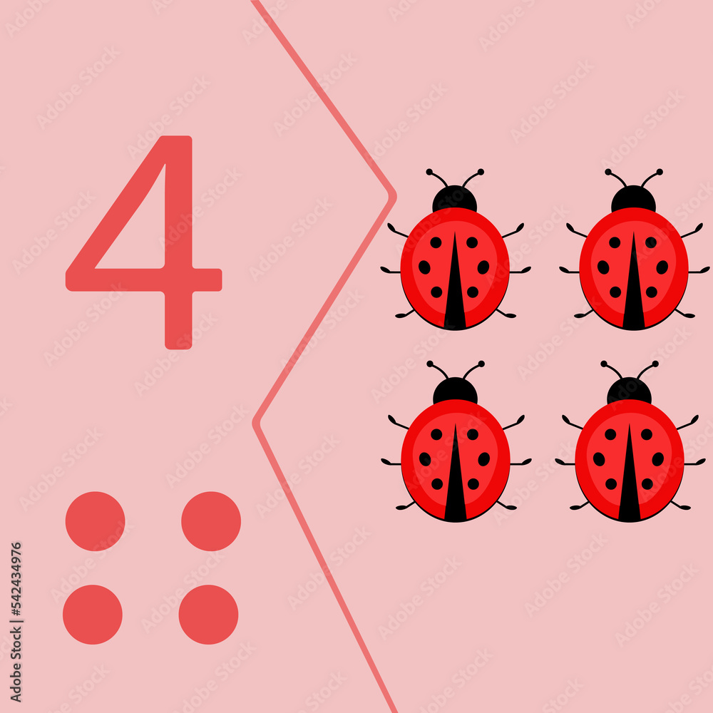 Kids learning material. Card for learning numbers. Number 4. Cartoon ...