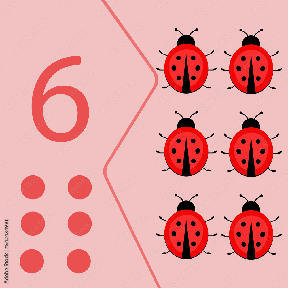 Kids learning material. Card for learning numbers. Number 6. Cartoon ...