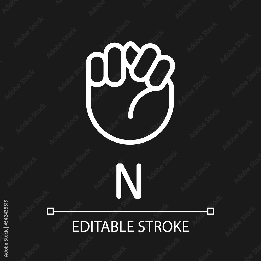 Letter N sign in ASL pixel perfect white linear icon for dark theme ...
