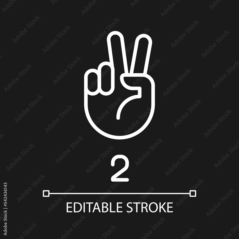 Signing digit two in ASL pixel perfect white linear icon for dark theme ...