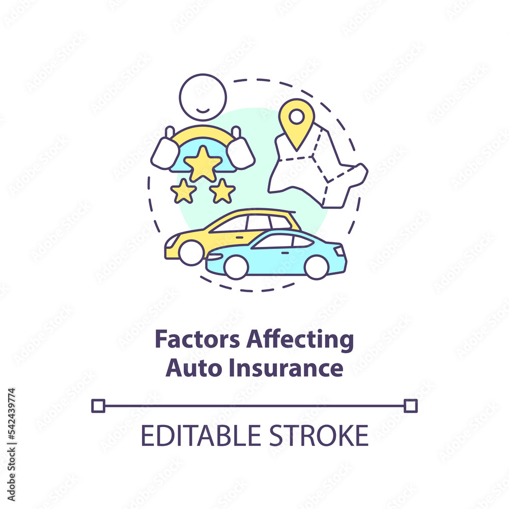 Factors affecting auto insurance concept icon. Car financial protection ...
