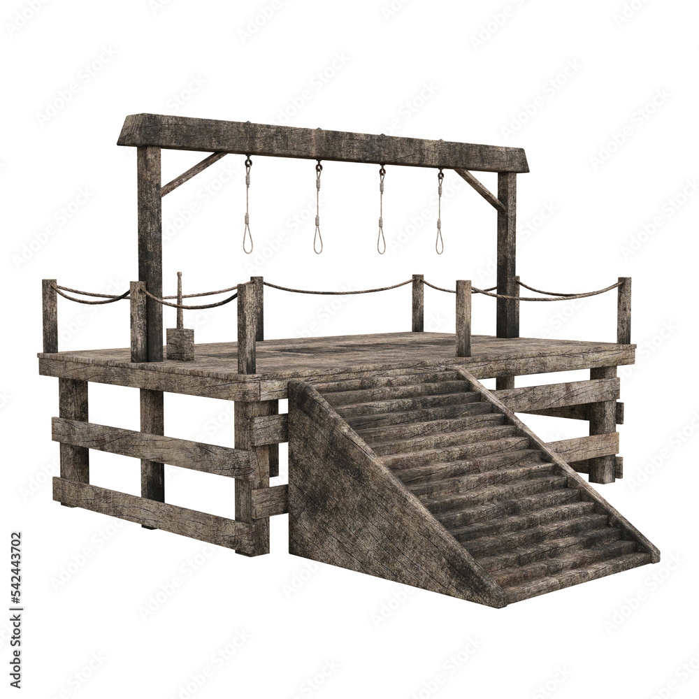 Poster 3D illustration of a wooden gallows platform with four ropes ...