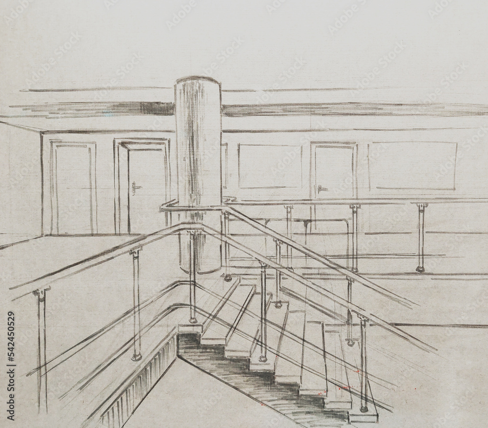 Pencil or pen hand drawn hall, stairs, column, braces. Sketch. Interior ...