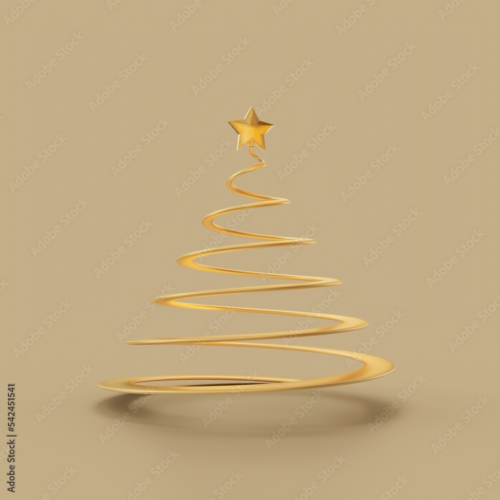 A thin golden spiral curled up into the shape of a Christmas tree with ...