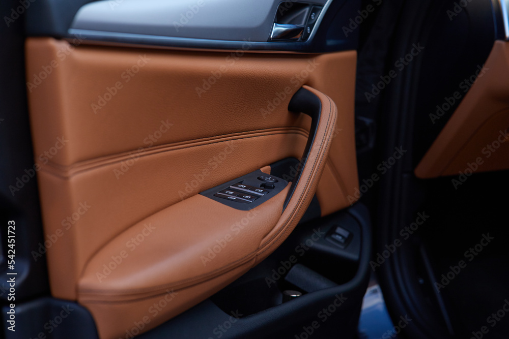Detail of the new modern car interior. Close-up, shallow focus of the ...