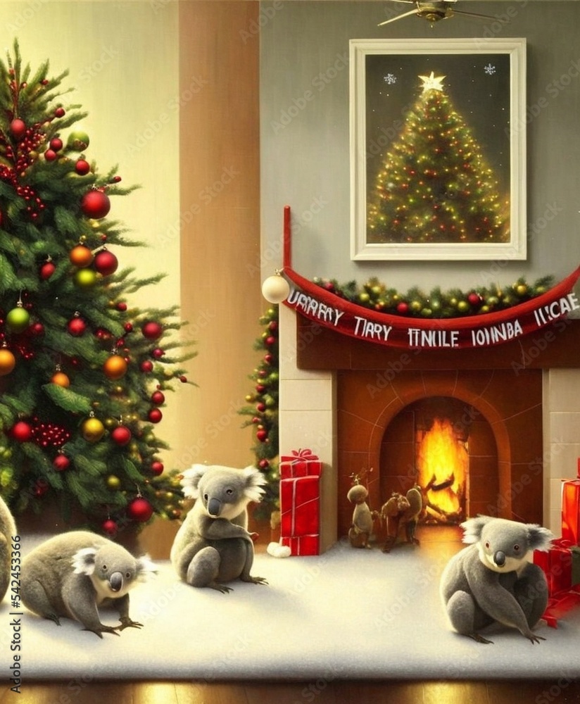 A Cute Koala Family Around a Christmas Tree and Fireplace, Cuddled Up ...