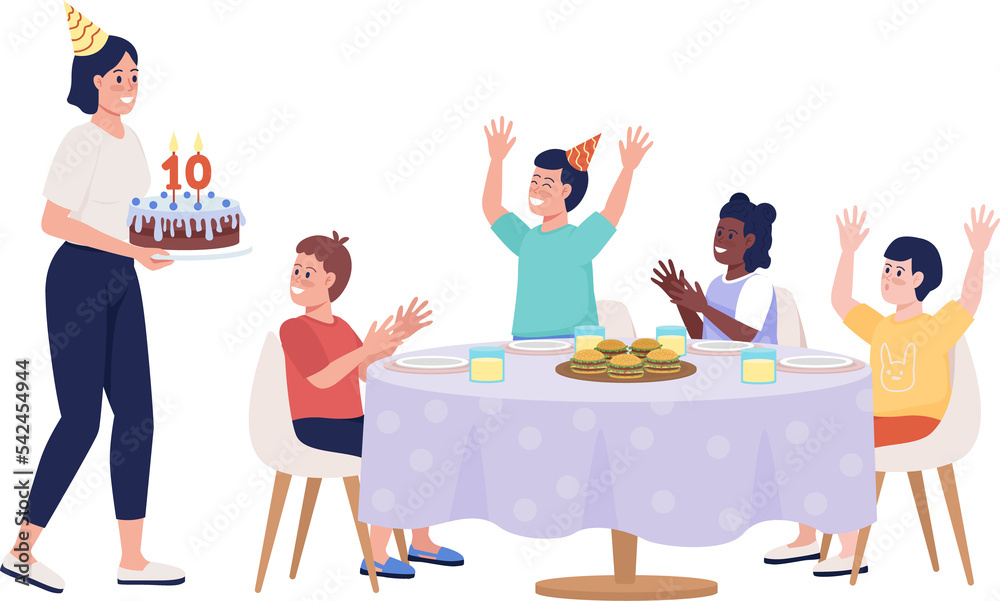 Kid birthday party semi flat color raster characters. Sitting figures ...