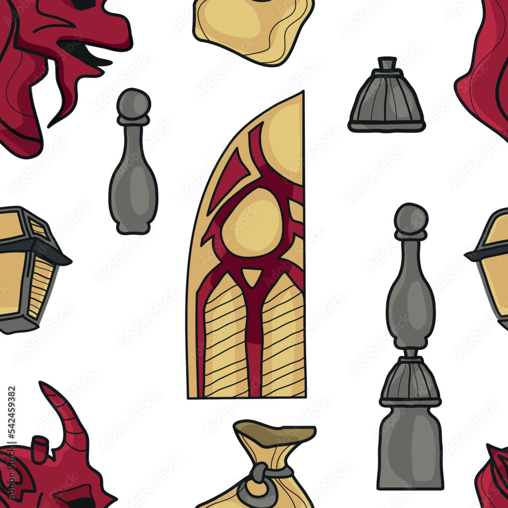 Seamless Gothic pattern. A church, a gargoyle statue, a tombstone, a ...