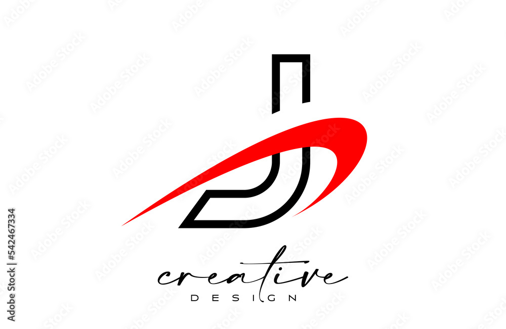 Outline J Letter Logo Design with Creative Red Swoosh. Letter j Initial ...