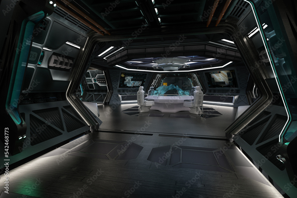 Science fiction fantasy corridor and entrance to control room in a ...