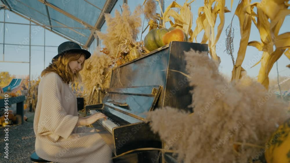 A girl in hat enters barn with harvested crop and plays vintage musical ...