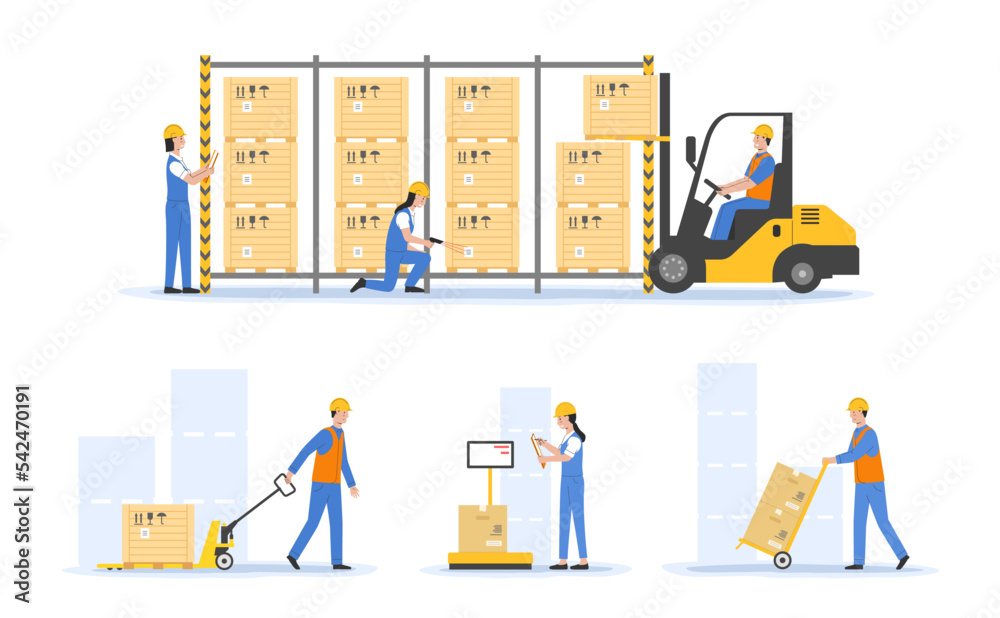 Warehouse And Cargo Goods Concept. Workers In Uniform Loading Goods ...