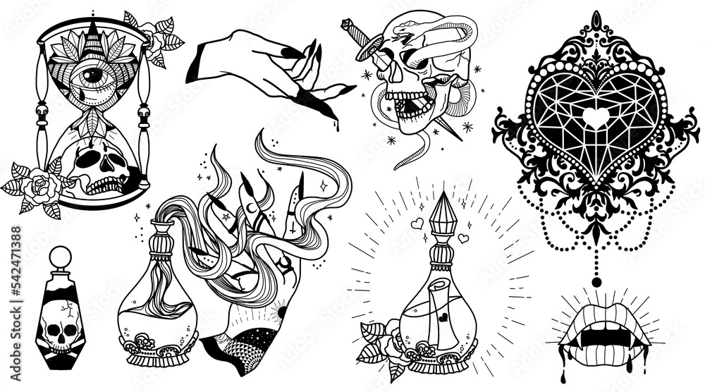 Gothic Tattoo Set. Witchcraft illustrations. Occult symbols. Witchcraft ...