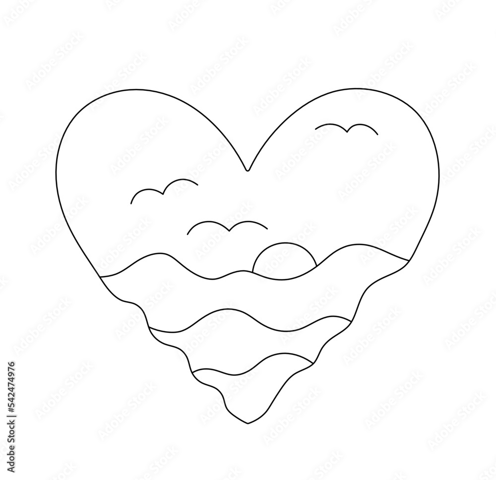 Vector isolated waves and sun inside heart shape colorless black and ...