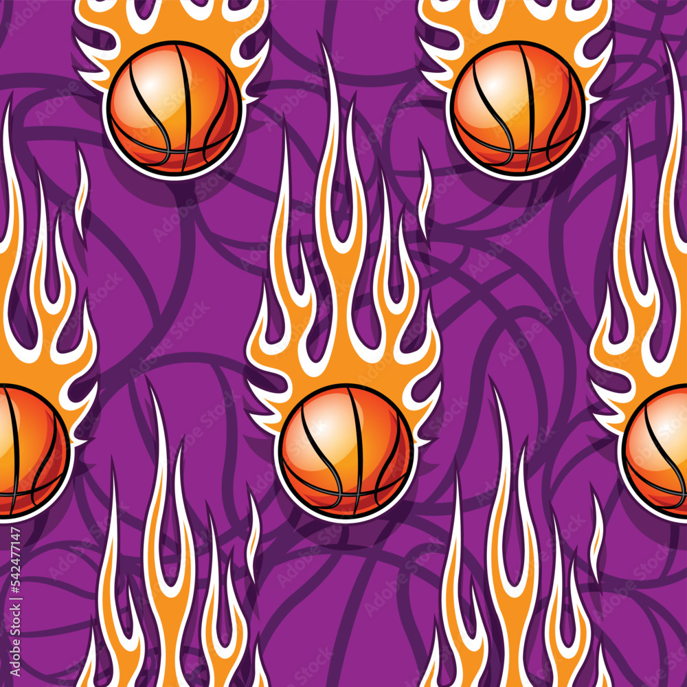 Basketball balls in burning fire flames seamless pattern basketball ...