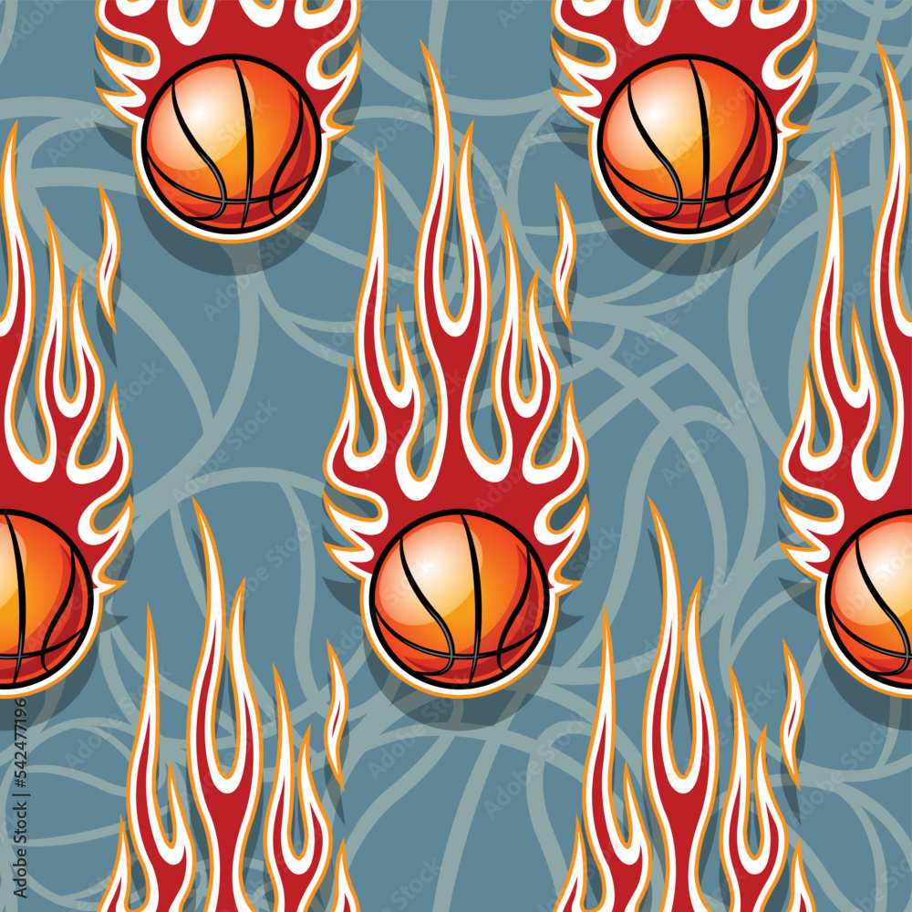 Basketball balls in burning fire flames seamless pattern basketball ...