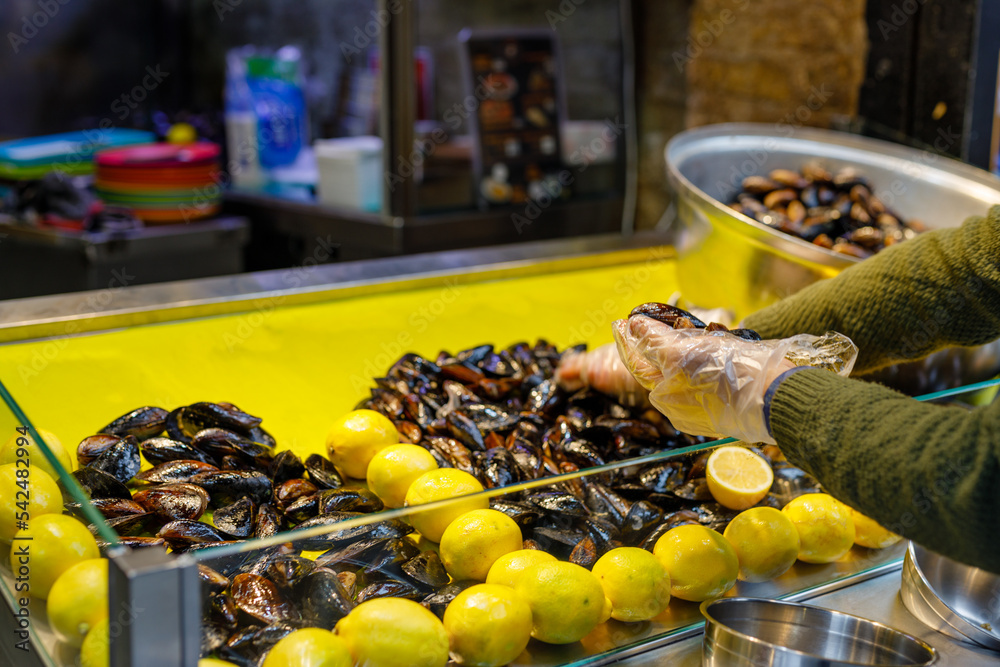 Turkish style appetizer street food stuffed mussels called midye dolma ...