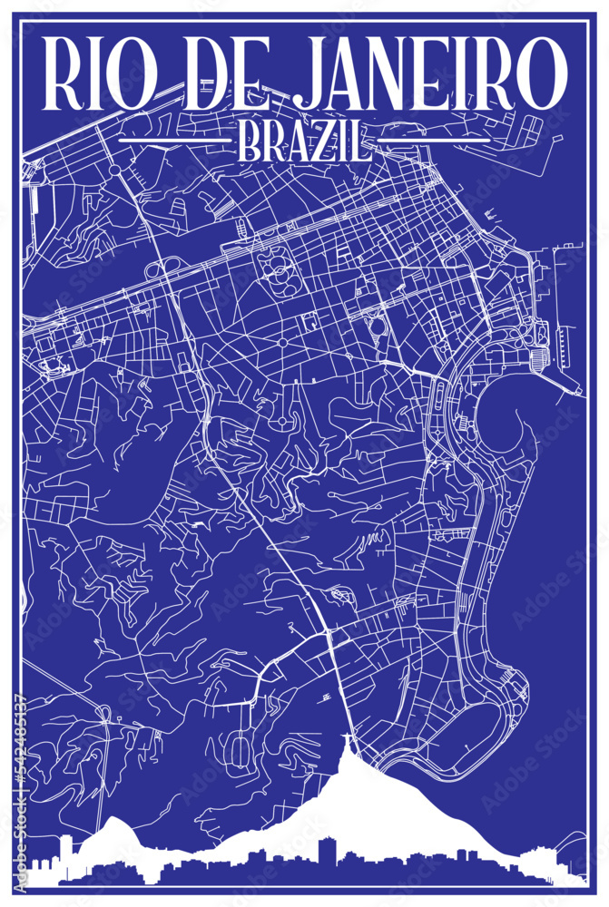 Blue vintage hand-drawn printout streets network map of the downtown ...