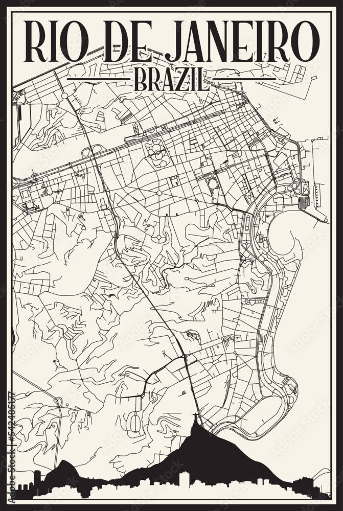 White vintage hand-drawn printout streets network map of the downtown ...