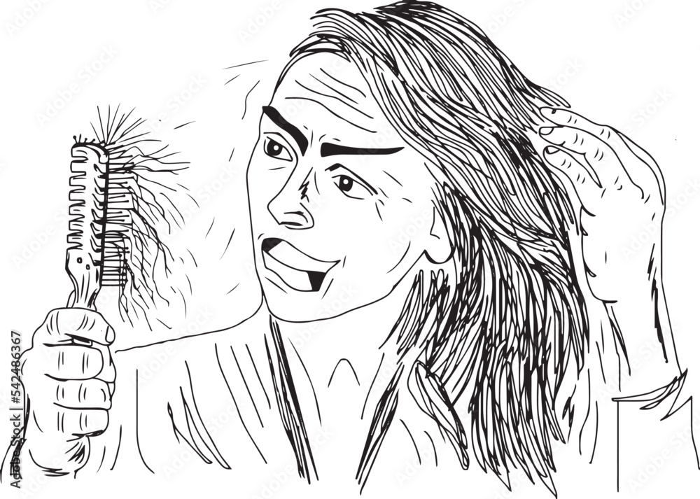 Woman worried about hair loss holding comb Vector Image, hair loss comb ...