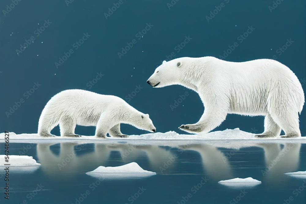 Polar white bear family floating on water on broken ice floe. Wild ...