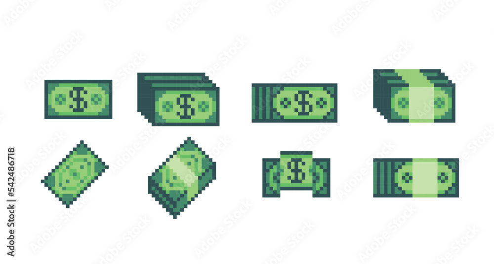 Money bundle, pack pixel art set. Wad of dollars collection. Green ...