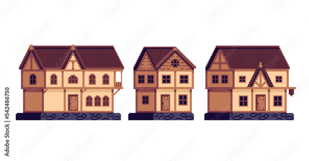 Medieval building pixel art set. Ancient European house collection ...