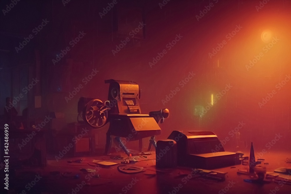 virtual cyberpunk electric device scenario in future factory or office ...