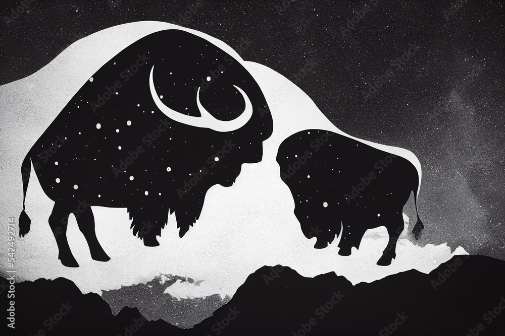 Animals in universe. Bison buffalo bull and night sky. Double exposure ...