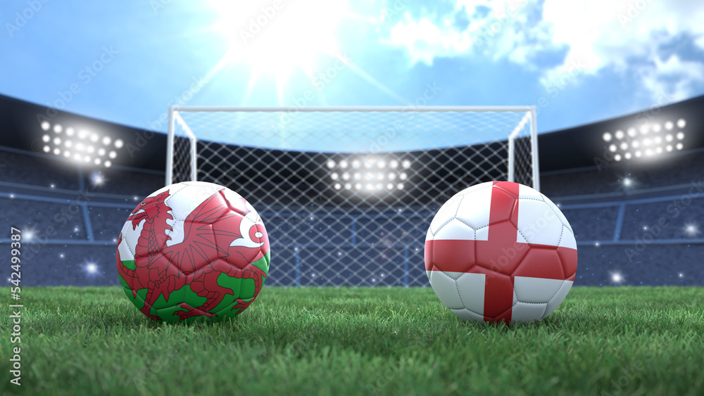 Two soccer balls in flags colors on stadium bright blurred background ...