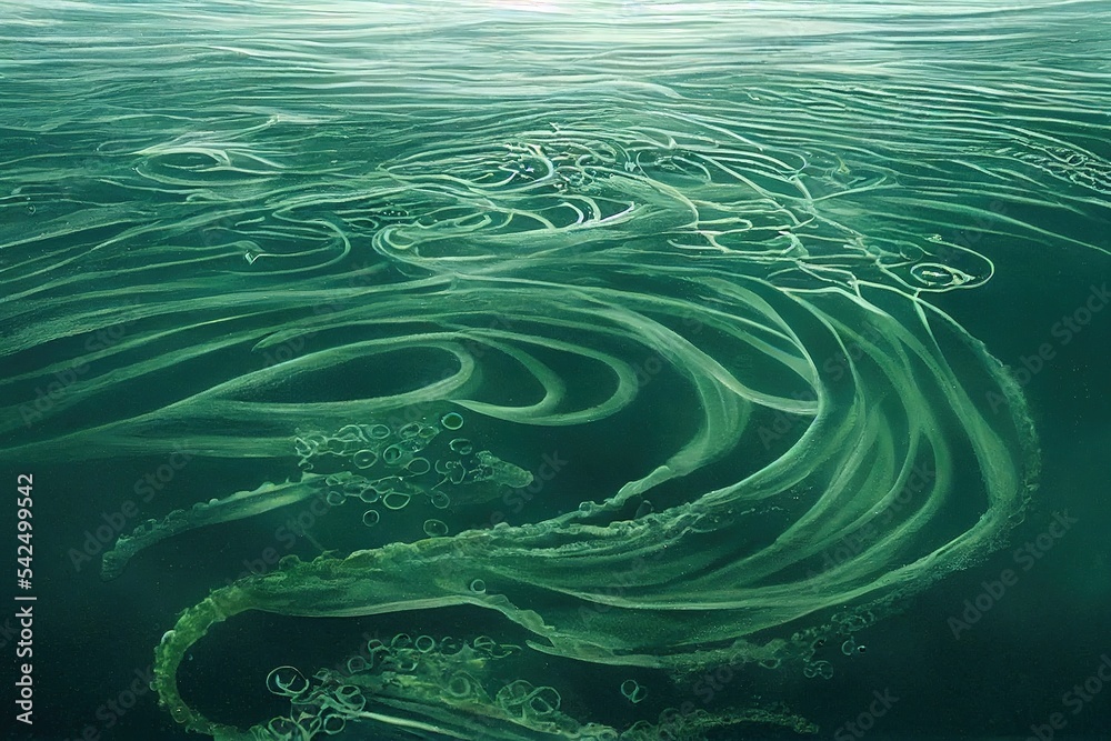 Fish swim under the sea with curly curved lines that look like seaweed ...