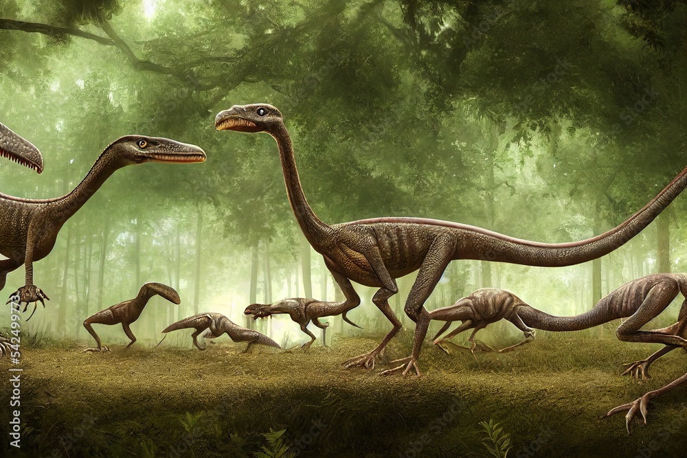 Naklejka Compsognathus longipes in the forest, group of dinosaurs from ...