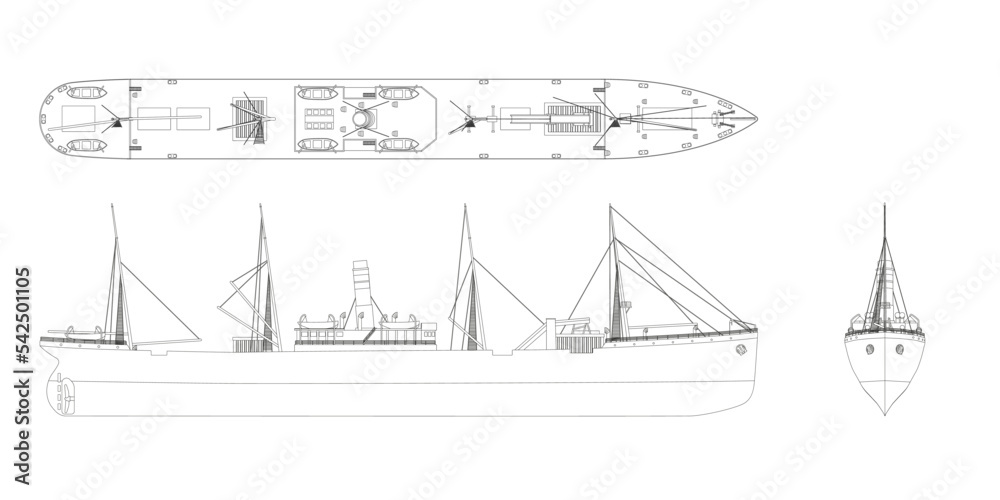 Outline steamer drawing. Contour steamship industrial blueprint. Old ...