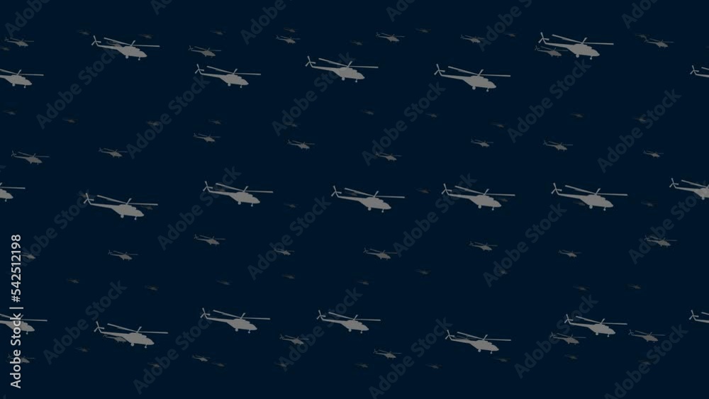 Helicopter symbols float horizontally from left to right. Parallax fly effect. Floating symbols ...