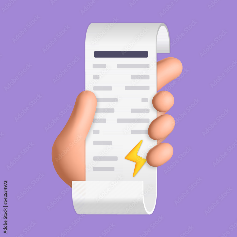 3d vector female hand holds payment energy bill paper invoice icon ...