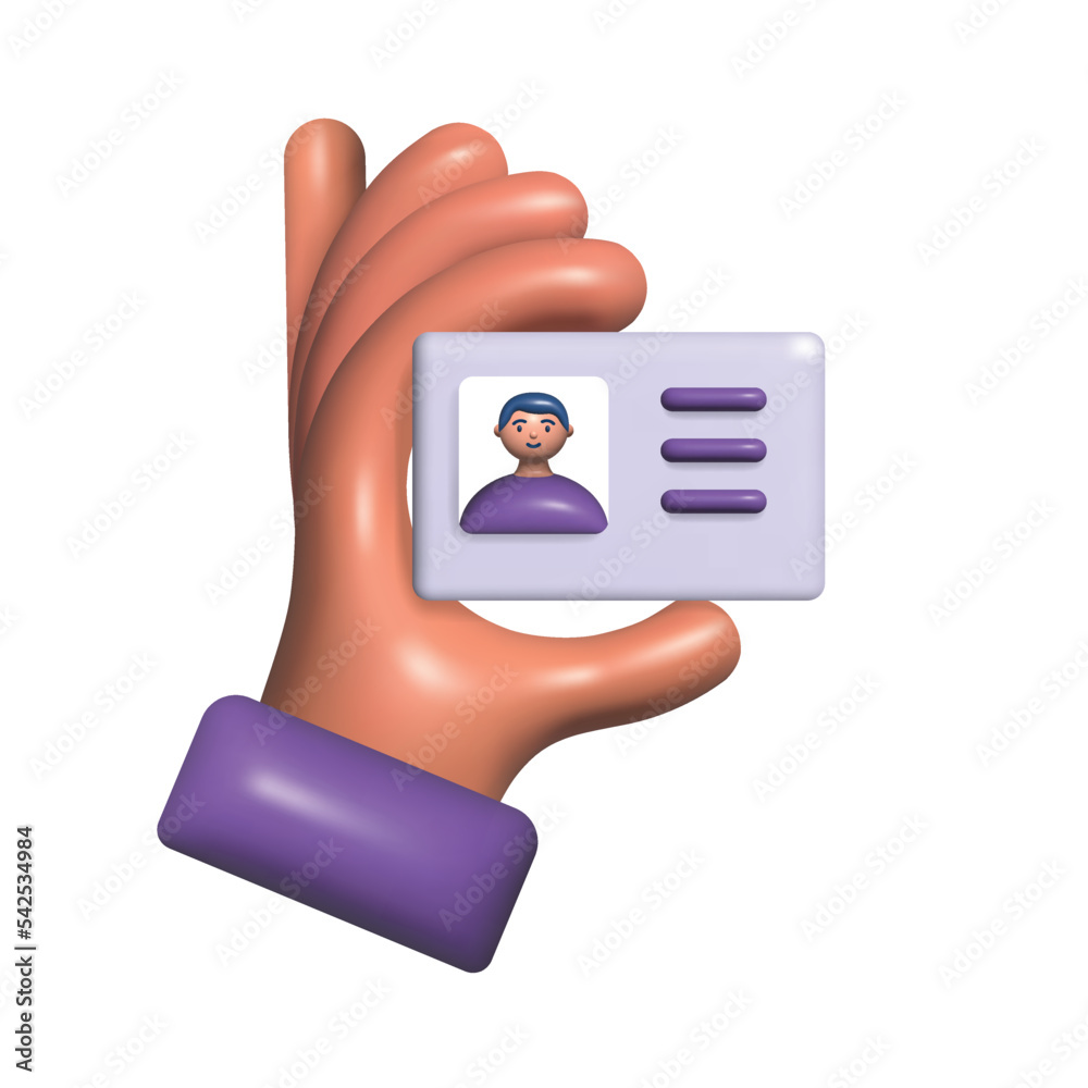 3D ID card. Human holds an identification card in hand. 3d render ...