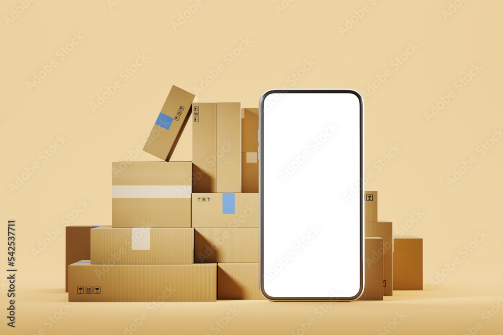 Pile cardboard boxes with a smartphone with empty white screen on a ...