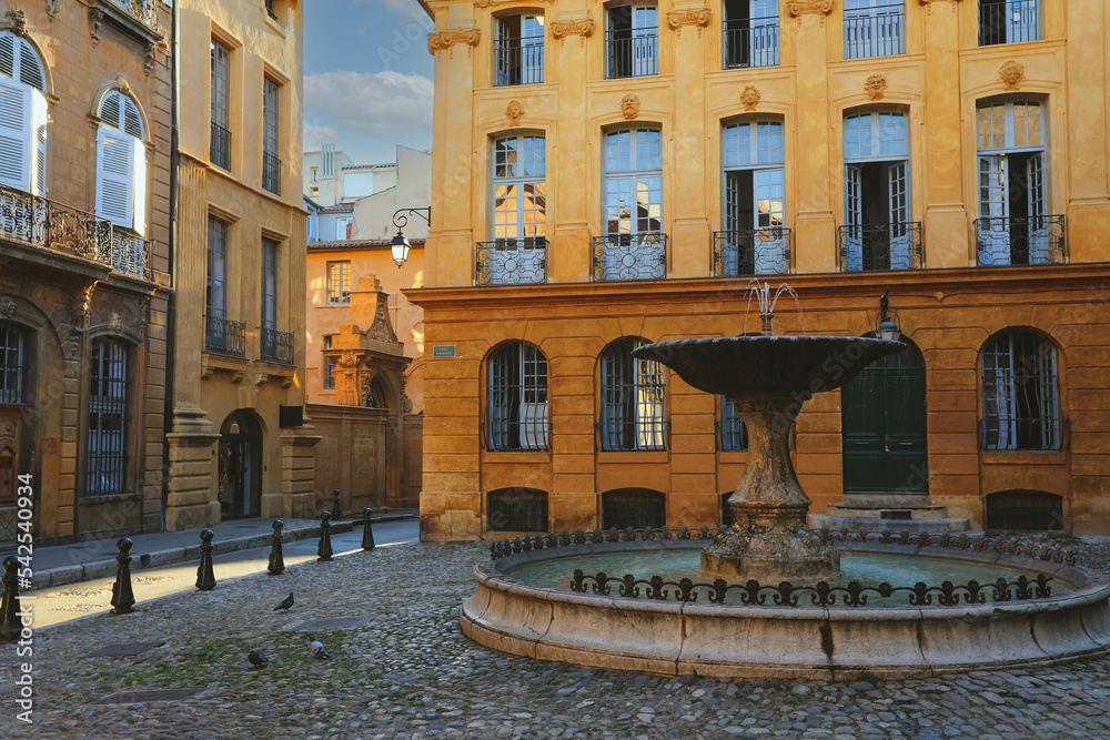 View of Provence typical city Aix en Provence with old house facade and ...
