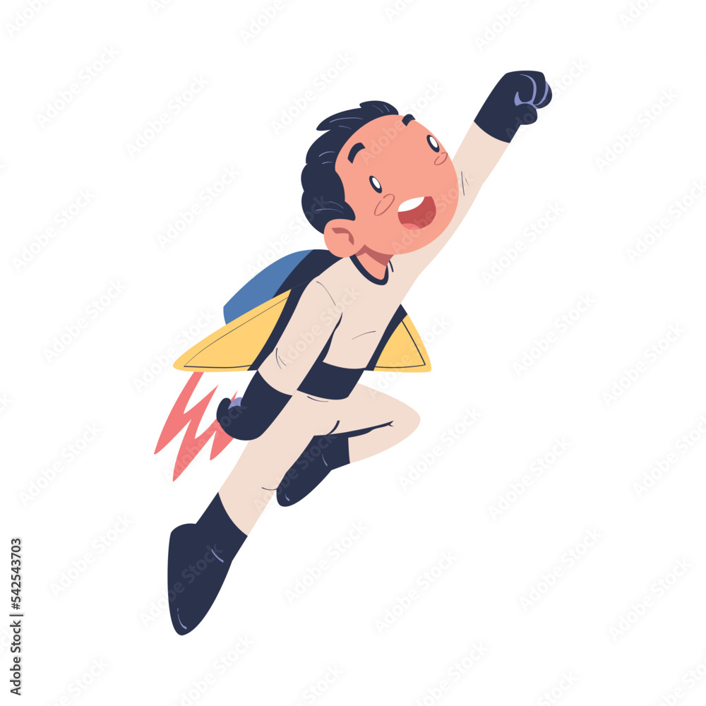 Excited Boy Character with Jetpack Flying Propelling Through the Air ...
