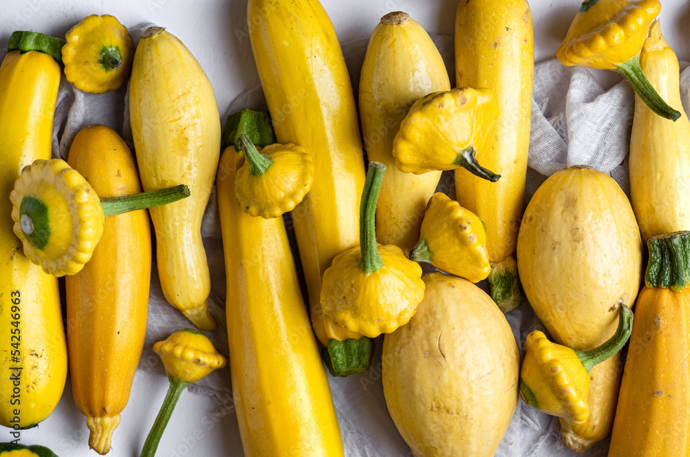 line up of yellow summer squash varieties Stock Photo | Adobe Stock