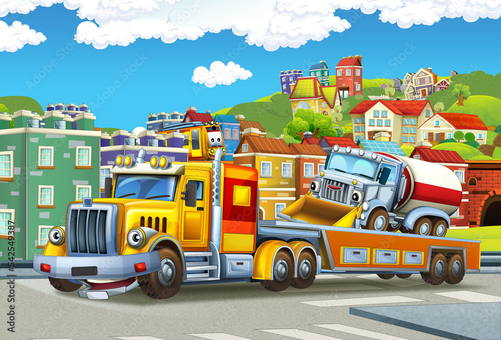 cartoon tow truck driving with load other car in the city ilustración ...