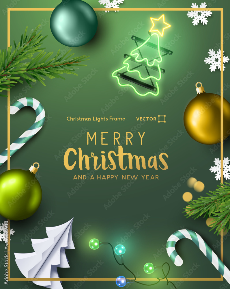 Festive green themed christmas decor background border frame. Vector ...