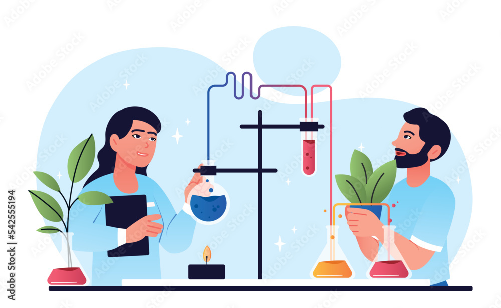 Chemical and biological lab. Man and woman experimenting with flasks ...